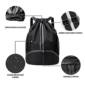 Qoosea Drawstring Backpack Sports Gym Sackpack with Side Mesh Pockets Shoe Compartment Water Resistant String Bag for Women Men (Black)