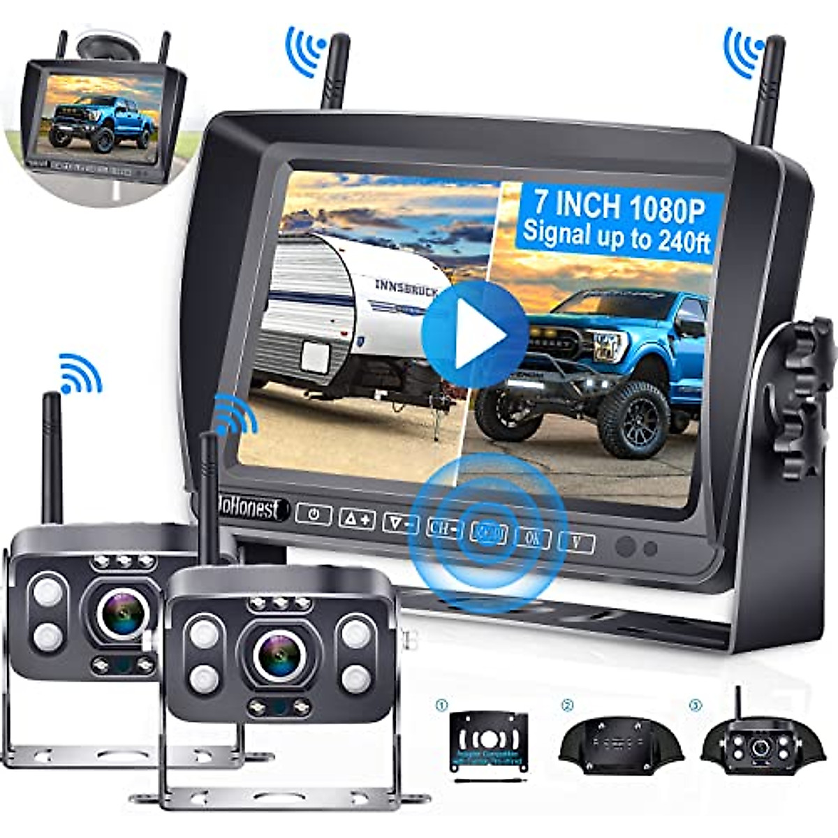 DoHonest RV Backup Camera Wireless HD 1080P 2 Infrared Night Vision Bluetooth Rear View Cam 7‘’ DVR Touch Key Monitor Kit Adapter for Furrion Pre-Wired RV Trailer Truck Camper Van 4 Channels V23