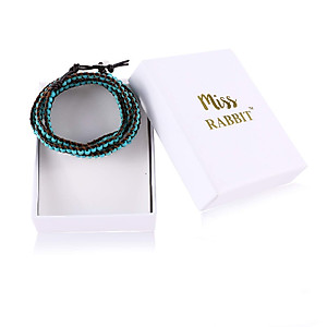 Miss Rabbit Boho Layered Leather Bracelet for Women, Handmade Natural Stone Beaded 5 Wrap Bracelets for Women Blue Turquoise Beads Bohemian Bracelet Jewelry (Boho Turquoise)