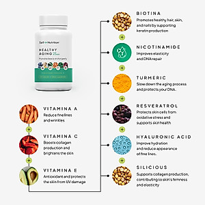SELF NUTRITION Healthy Aging Supplement for Women with Resveratrol, NAD, Collagen Booster, Biotin and More - Beauty with 12 Ingredients - USA Made, Vegan, 60 Capsules, Nutitionist formulated.