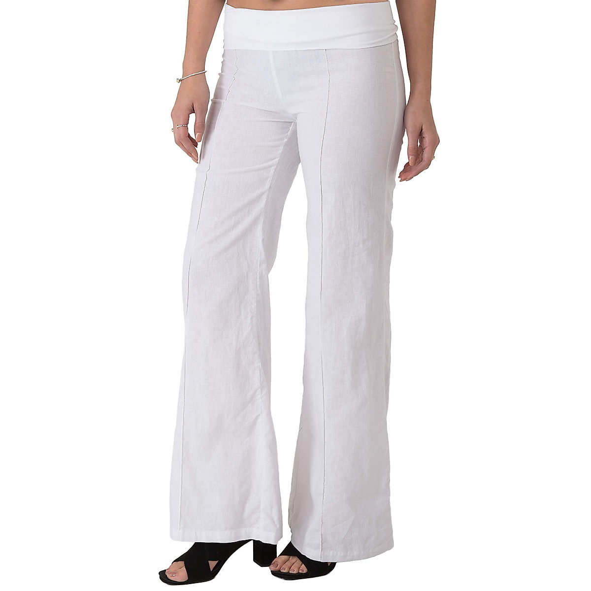 Standards & Practices S & P-Women's Linen-Cotton Wide Leg-Yoga-Pants with Fold-Over Elastic Waist Size S White