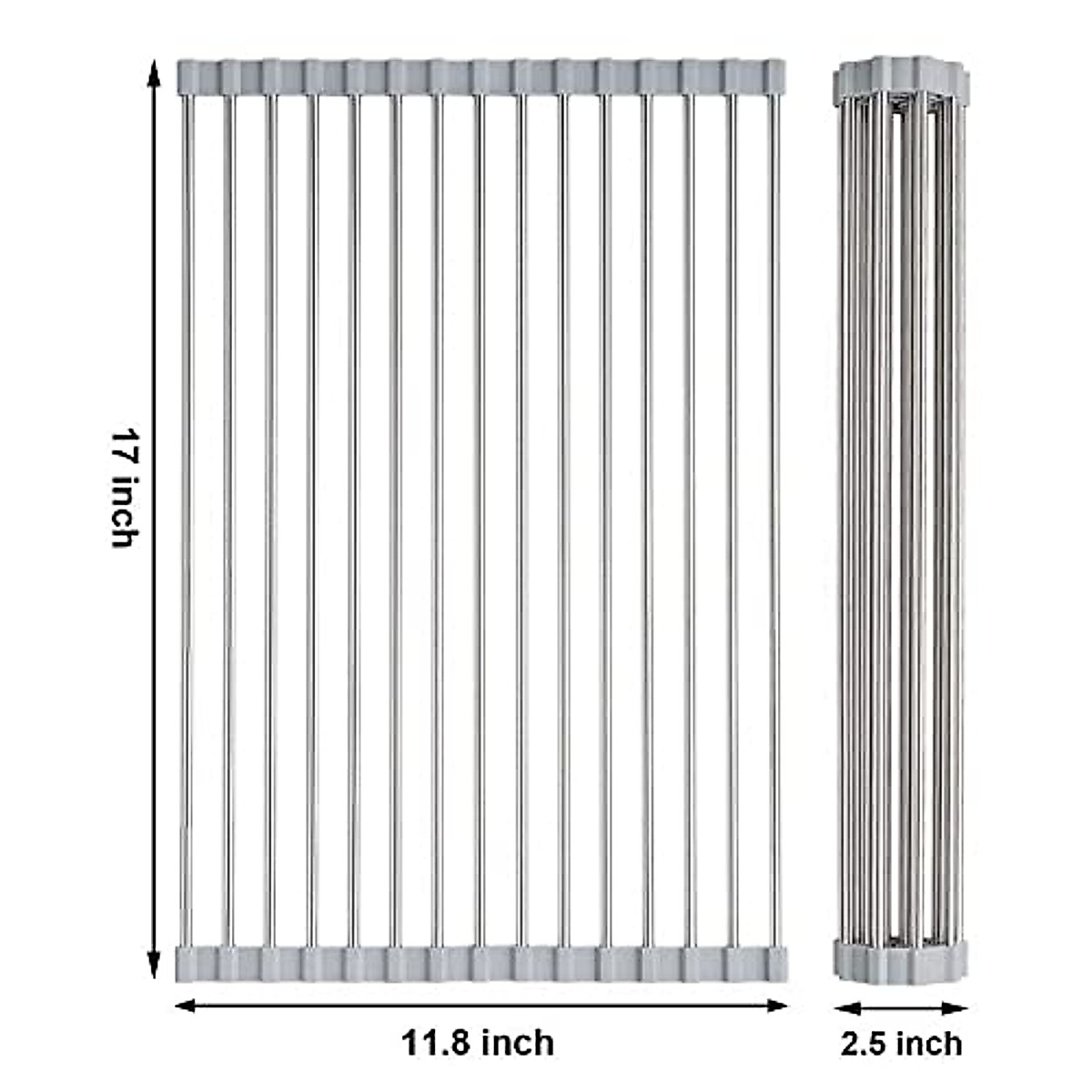 Booreina Over The Sink Dish Drying Rack, Roll up Sink Dish Drainer Rack Multipurpose Foldable Kitchen Stainless Steel Dish Rack Sink Drying Rack (17” x 11.8”)