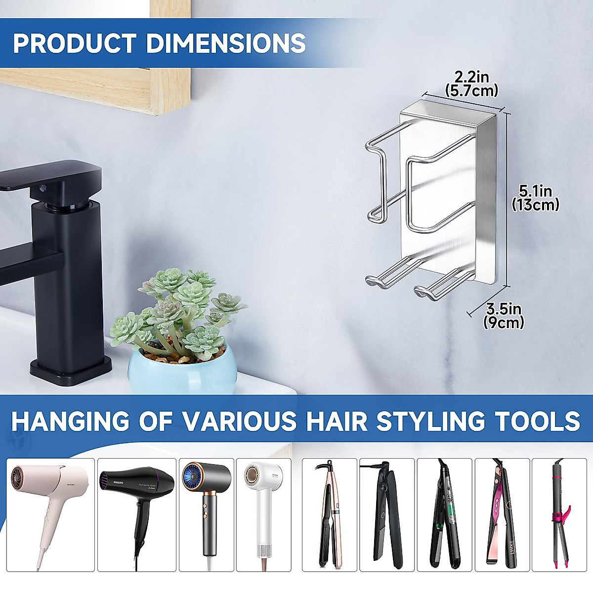 Hair Dryer Holder, XILIMEN Wall Mounted No Drilling Required Straightener Holder, Stainless Steel Curling Iron Holder for Bathroom Bedrooms（Silver）