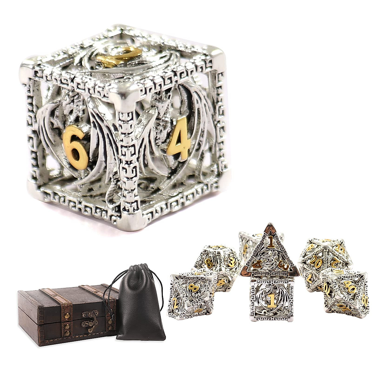 DDFE New Hollow Metal DND Dice 7Pcs Set for Dungeons and Dragons RPG MTG Table Games D&D Pathfinder Shadowrun and Math Teaching,d and d Game Dice with Gift Box,Great DND Gifts