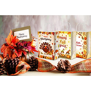 JUESMOS 12PCS Thanksgiving Paper Gift Bags 8.3" Hello Autumn Fall Gift Bags with Handles Turkey Pumpkin Leaves Treat Bags Candy Goodie Bags for Thanksgiving Fall Baby Shower Birthday Party Decor