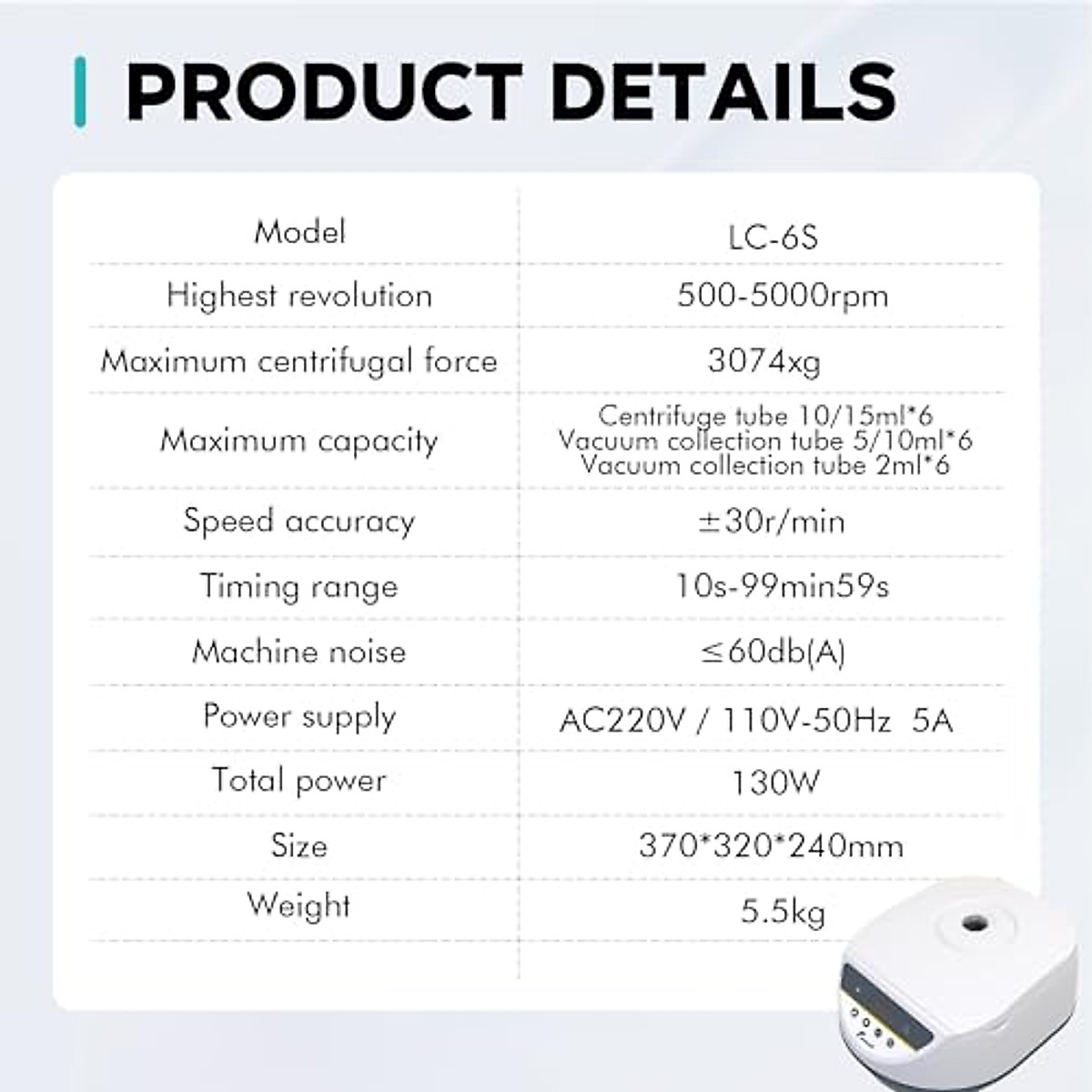 LAB FISH PRP Lab Benchtop Centrifuge Machine 6 x 2ml/5ml/10ml/15ml Capacity Test Tubes,Low Speed 500-5000r/min,Max 3074xg RCF