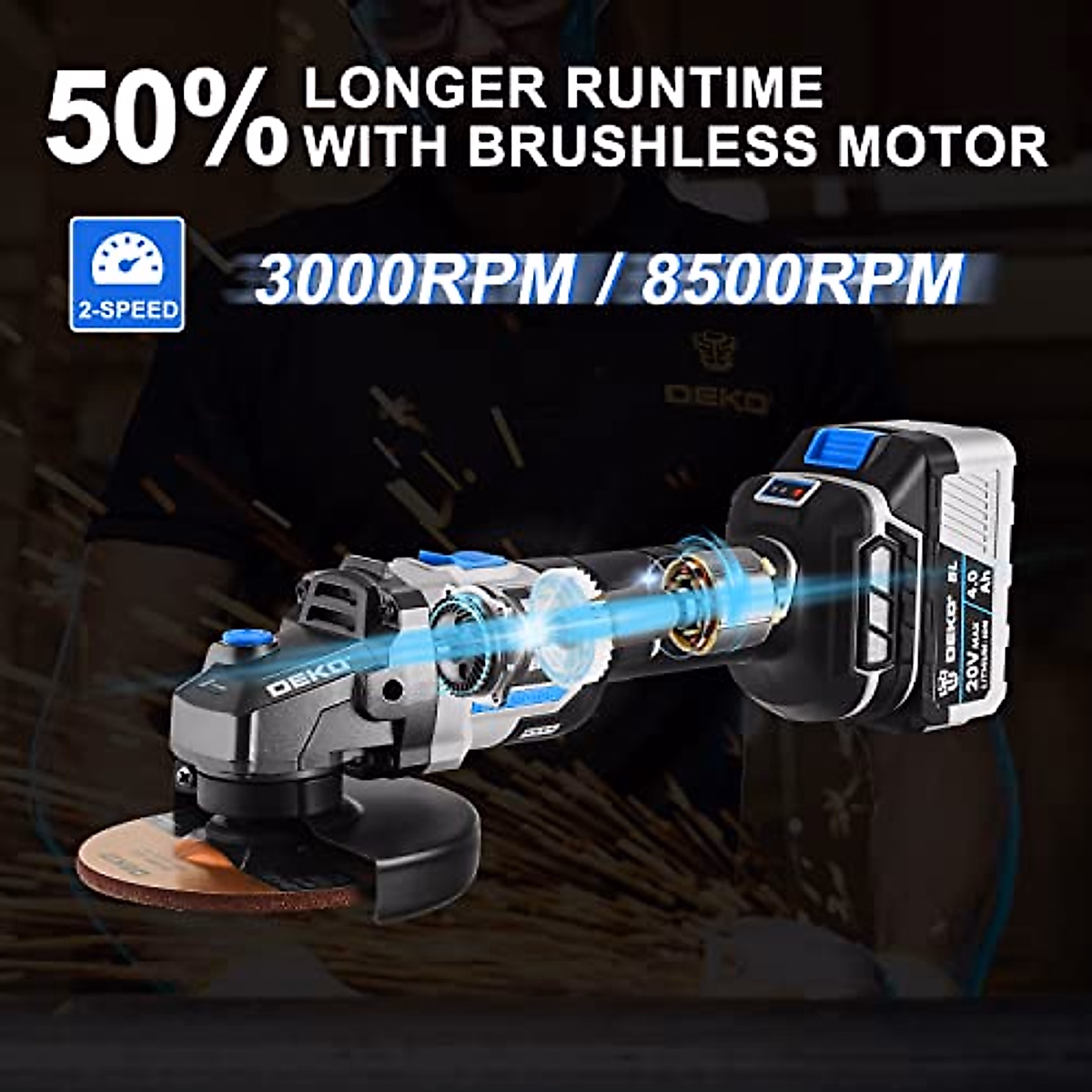 DEKOPRO Cordless Angle Grinder, 4-1/2"/5" Pad, 20V Cordless Angle Grinder w/ 4.0Ah Battery Charger, 8500RPM Brushless Motor, Auxiliary Handle, Suitable for Metal Wood