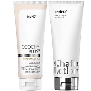 IntiMD Coochy Plus Fragrance Free & Chafe Lotion Kit - Intimate Shave Cream Prevents Razor Burn In-Grown Hair + Chafe Lotion Anti-Chafe Cream, Anti-Rubbing, Friction for Inner Thighs Armpit Running