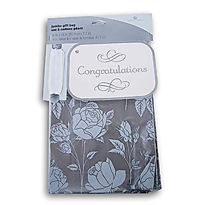 Congratulations Oversize Plastic Gift Bag with Tag and Ribbon Tie - Silver Roses- 36 x 44 Inches