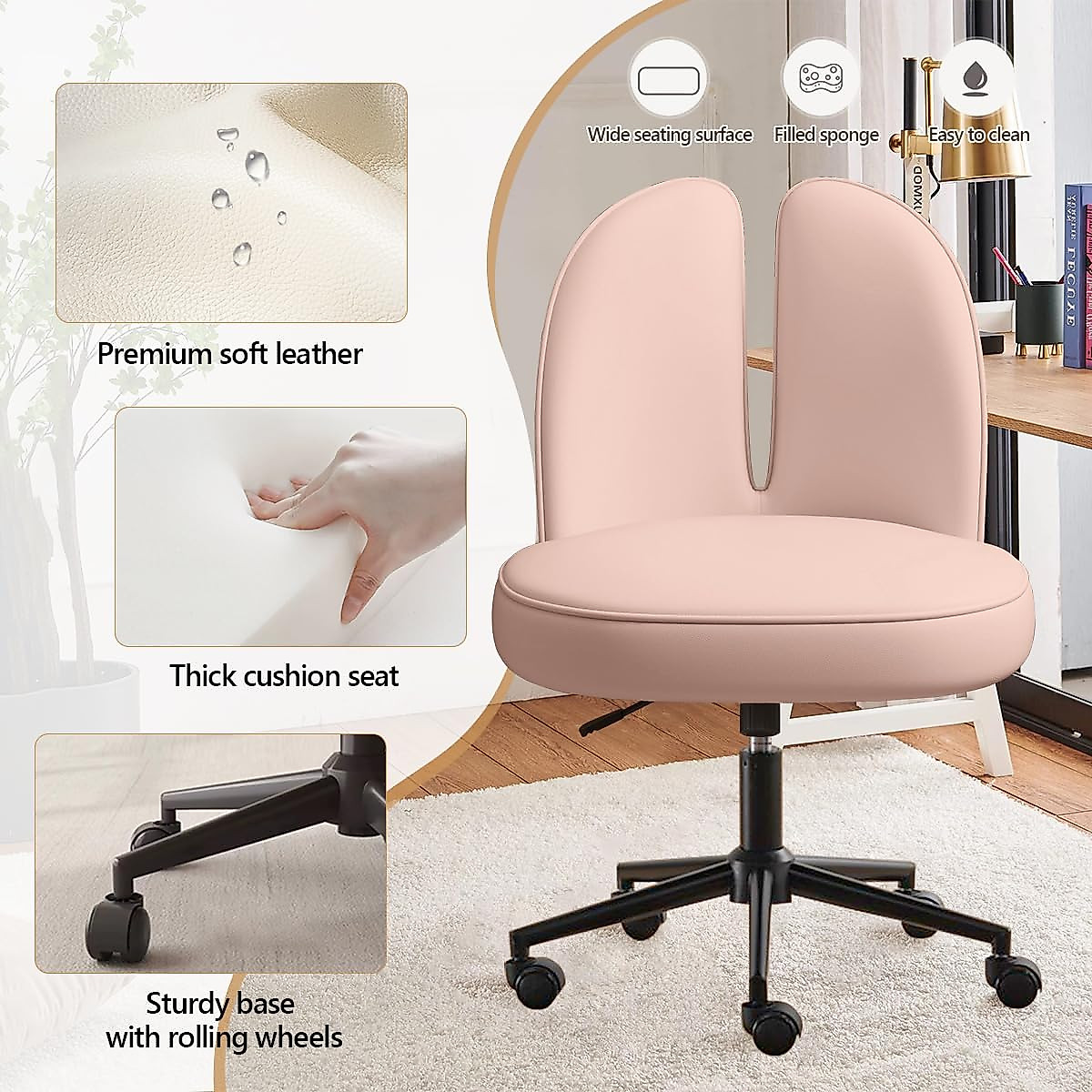 XUEGW Cute Office Chair Armless Desk Chair with Wheels Comfy Vanity Chairs Swivel Computer Task Chair Height Adjustable Makeup Bedroom Chair for Home Office