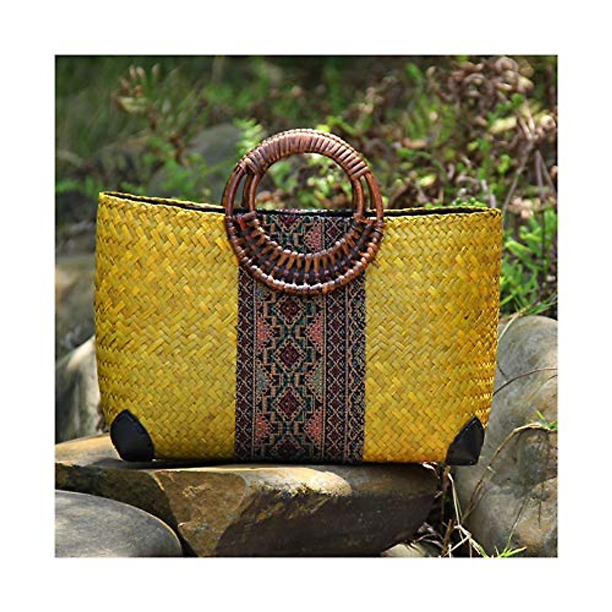 QTKJ Women Summer Retro Straw Bag with Printing Hand-woven Beach Handbag Top Round Handle Boho Tote Bag Shopping and Travel Large Bag (Yellow)