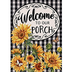 Covido Home Decorative Welcome to Our Porch Spring Sunflower Garden Flag, Summer Black White Buffalo Plaid Check Yard Outside Decoration, Autumn Farmhouse Outdoor Small Decor 12 x 18