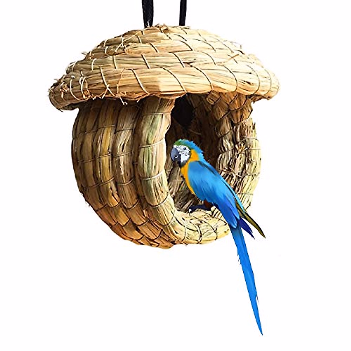 LINGNI Birdcage Straw Simulation Birdhouse, Resting Breeding Nest Hut for Birds, Birds Shelter from Bad Weather, Bird Hideaway from Predators, Birdhouse for Parrots, Parakeet, Conures, Cockatiel
