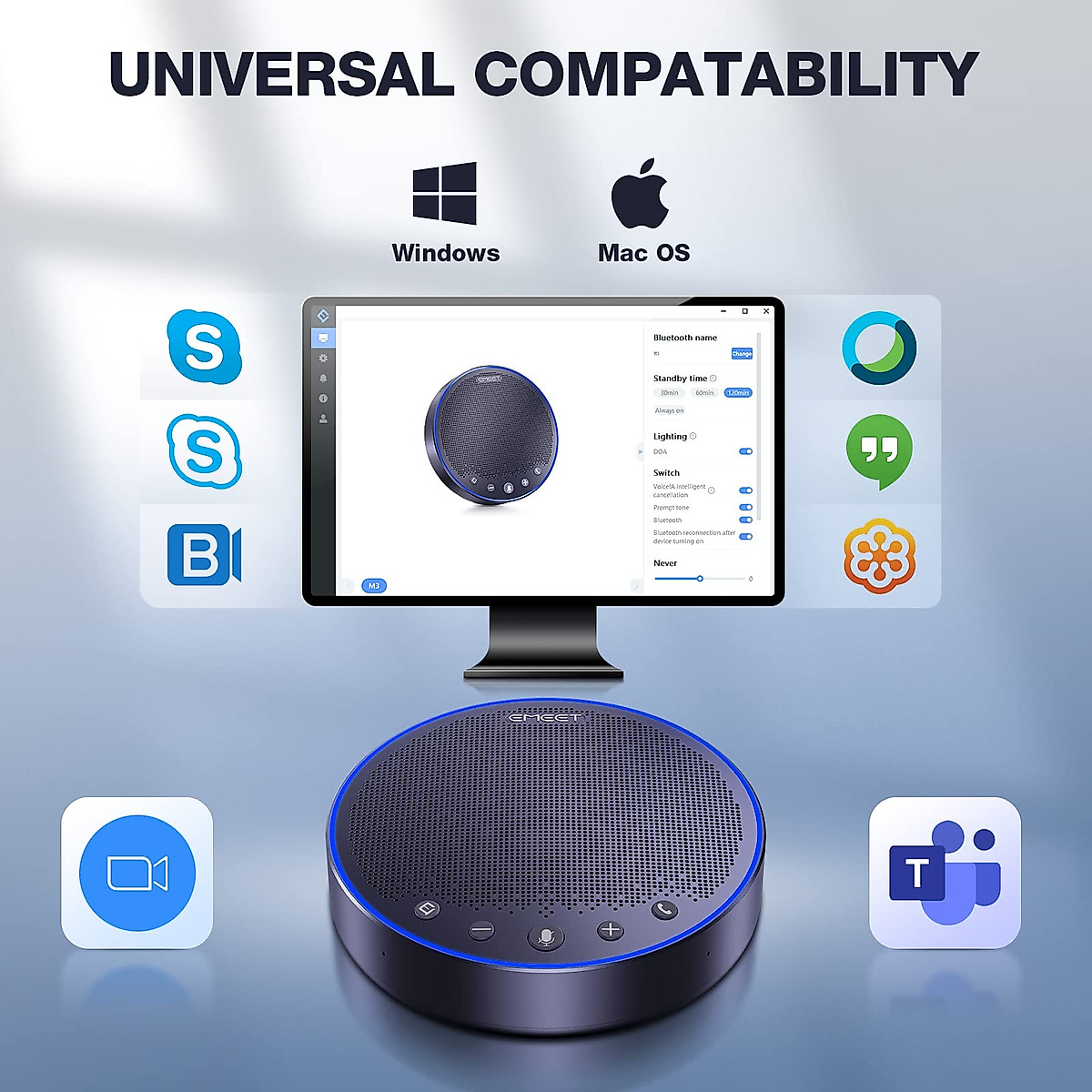 EMEET Bluetooth Speakerphone, M3 Zoom Certified Conference Speaker and Microphone w/4 AI Mics 360° Voice Pickup 18H Talk Time Noise Reduce, USB Speakerphone w/Daisy Chain for 20 People for Zoom Teams