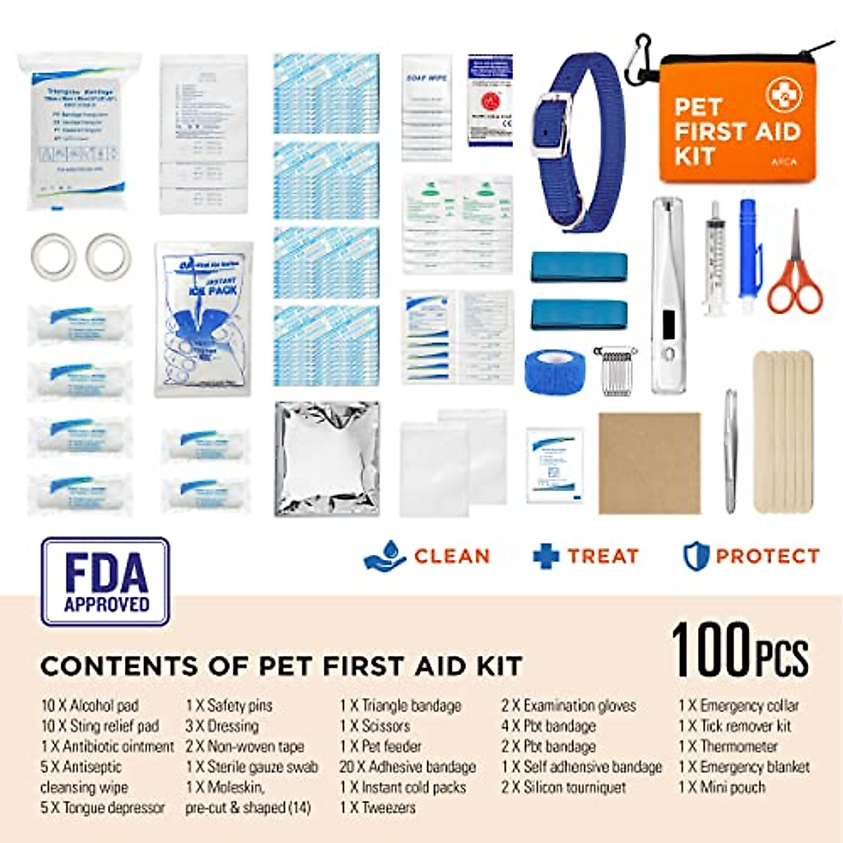 ARCA PET Cat & Dog First Aid Kit Home Office Travel Car Emergency Kit Pet Travel Kit – 100 Pieces with Emergency Collar and Pet Thermometer & Mini Pouch (Neon Orange)