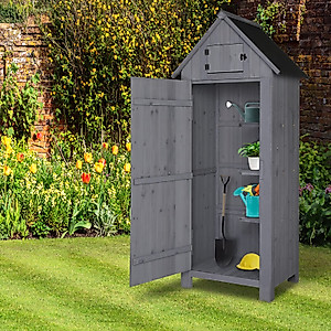 VINGLI Outdoor Wooden Storage Shed, Garden Shed Outside Tool Cabinet with Safety Latch, Patio Storage Organizer (Dark Grey)