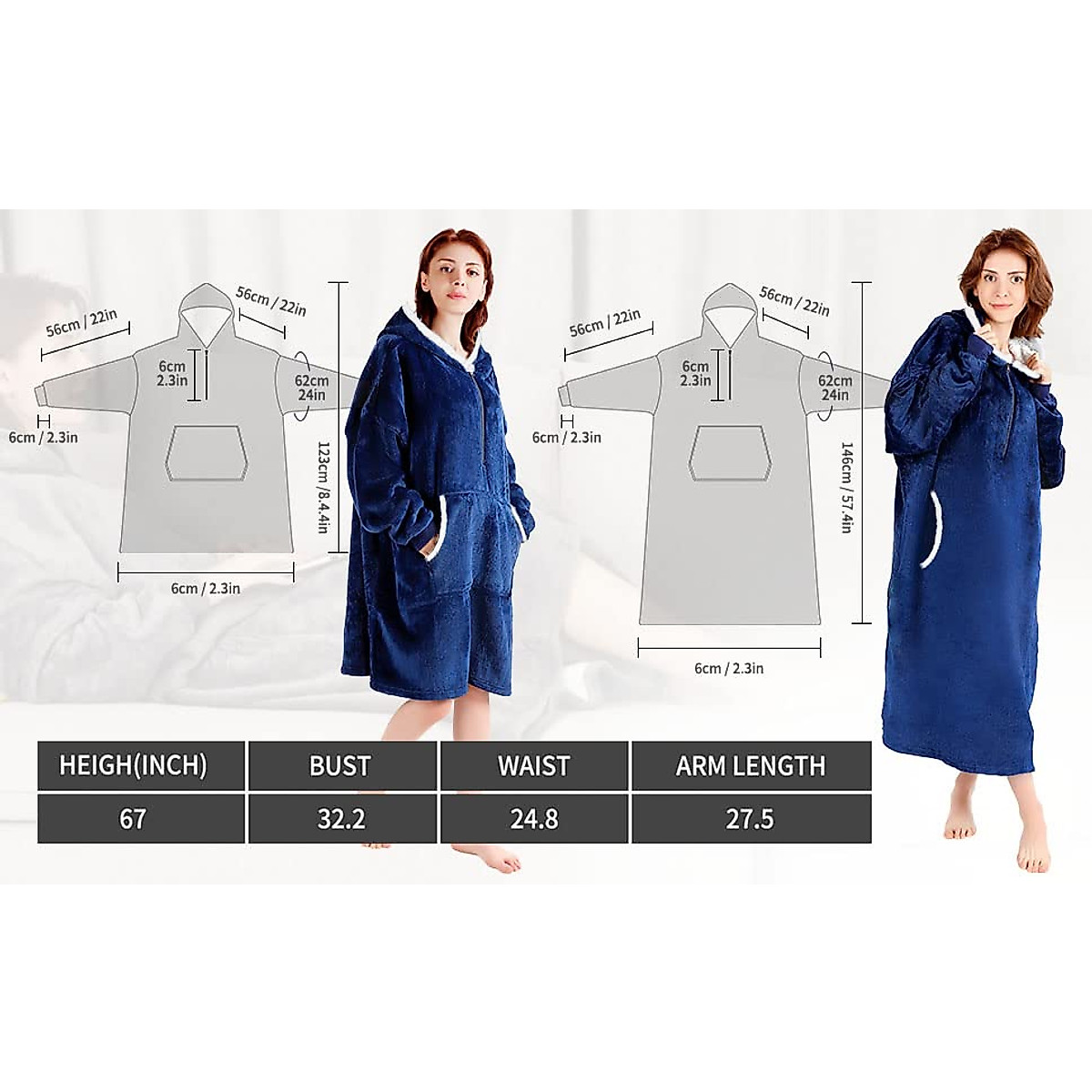 Somikia Upgraded Wearable Blanket Hoodie with Zipper,Oversized Giant Hooded Blanket with Pocket Sleeves Flannel Sherpa Soft Warm Cozy Fluffy Blanket for Teens Women Men Blue Long