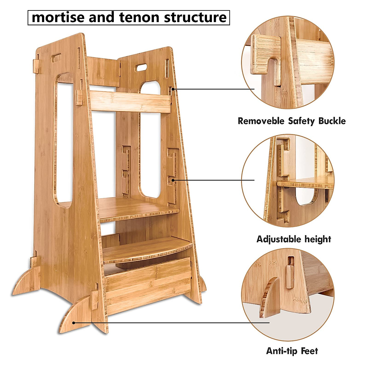 KIDSPR Bamboo Toddler Tower, Kitchen Helper Tool,Height Adjustable Standing Stool for Kids，Bathroom Learning Step Stool
