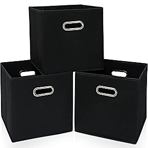 SEVENDOME Black Fabric Storage Bins，13 Inch Cube Organizer Bins,Fabric Organizer Bins Foldable Storage Bins Basket with Dual Handles and Storage Box，Set of 3,Black
