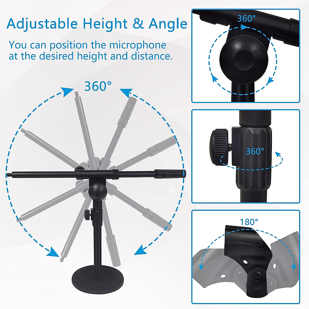 Mictop Adjustable Desktop Mic Stand, Desk Stand Tabletop Table Top Microphone Stand with Mic Clip for Handheld Microphone, Boom Arm, 5/8" Male to 3/8" Female Screw Adapter