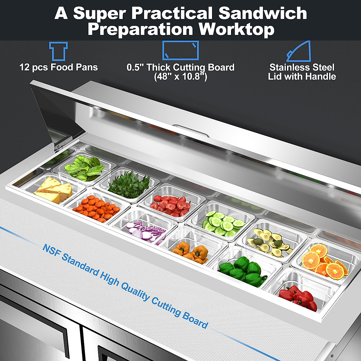 48’’ W Commercial Refrigerator 2 Door, Refrigerated Sandwich Salad Prep Table with 12 Pans Cutting Board, Mega Top/Stainless Steel/13 Cu.FT. Capacity/ETL NSF Approved