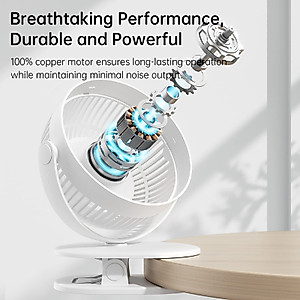 JISULIFE 3 IN 1 Clip On Fan [Clip/Desk/Hang] 4000mAh Battery Operated Baby Fan with Adhesive Hooks Gifted, 6-inch USB Rechargeable Mini Fan for Stroller/Car/Office/Dorm/Bedroom-White(1 Pack)