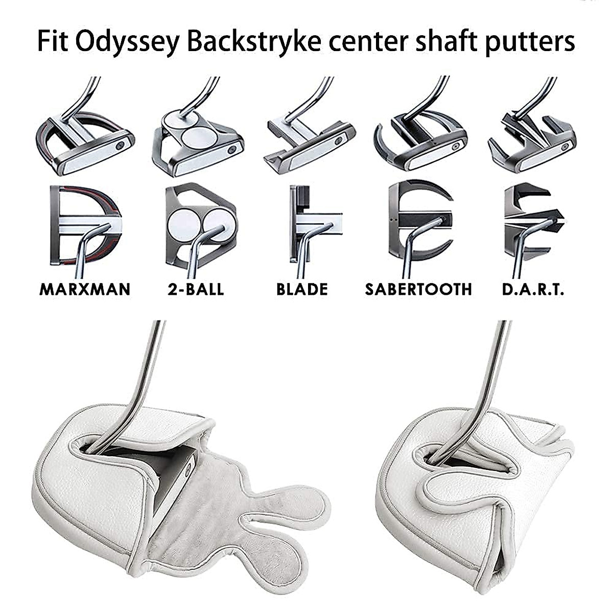 BIG TEETH Golf Head Covers Mid Mallet Putter Cover Fit for Odessey Backstryke Center Shaft Putter (White)