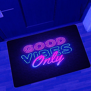 Manicer Neon Area Rug, Blacklight Good Vibes Only UV Reactive Non-Slip Door Throw Rug Fluorescent Flannel Floor Mat Carpet, Glow in The Dark Play Mat for Bedroom, Playroom - 19.7" x 31.5"