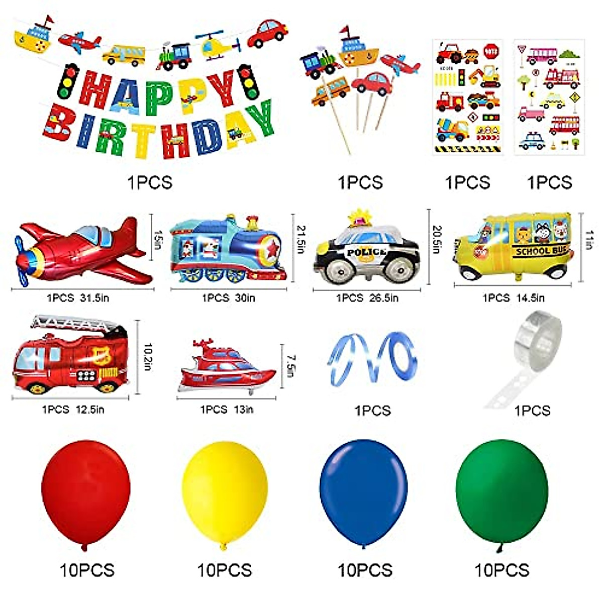 Transportation Party Decorations for Boys, 49PCS Construction Happy Birthday Supplies Vehicle Traffic Theme Baby Shower Red Green Blue Garland Kit for 2nd 1st with Car Plane Train Police Balloon Banner