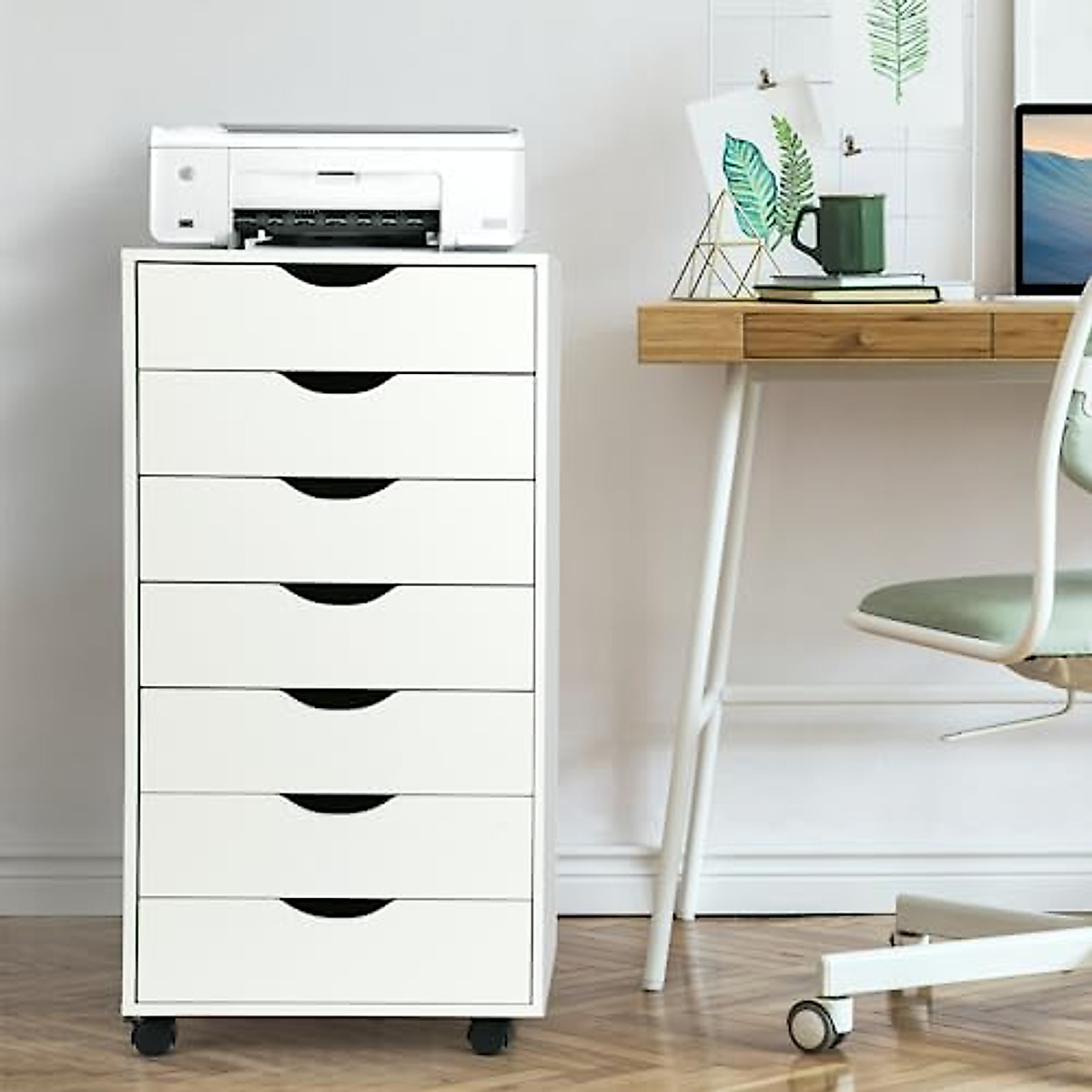 TUSY White 7-Drawer Dresser, Tall Chest of Drawers with Caster Wheels, Storage Cabinet for Bedroom, Living Room