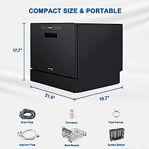 Countertop Dishwasher, GASLAND Chef Portable Dishwashers with 5 Washing Programs, 6 Place Setting Countertop or Built-in Dishwasher Machine, High-temperature Washing with Faucet Adapter, Black