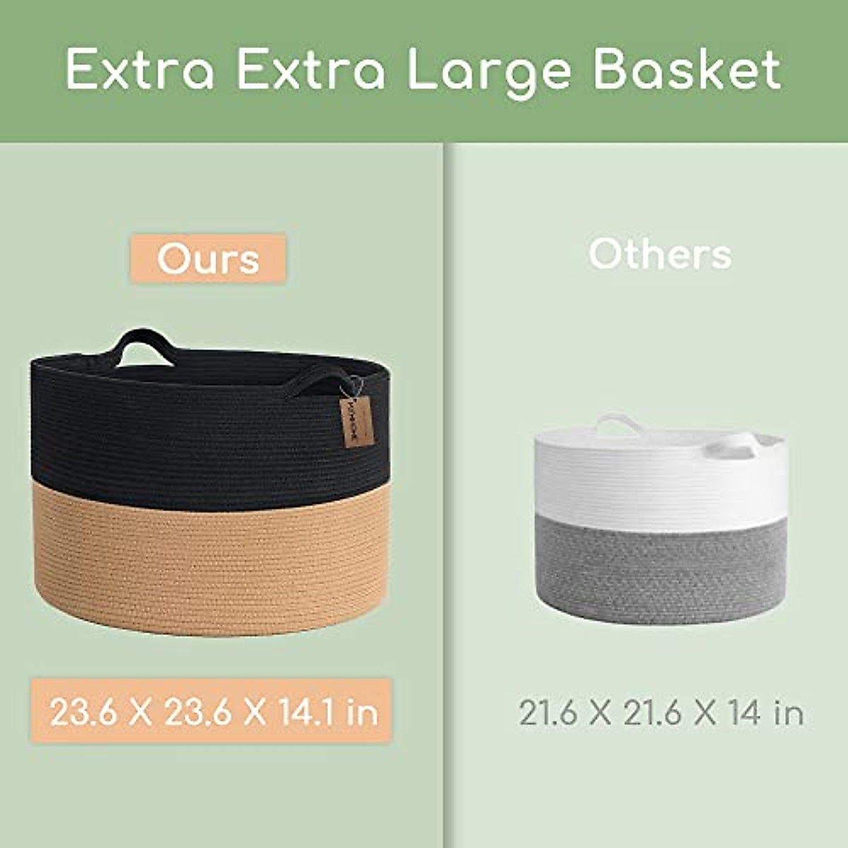 MXMHOME Woven Baskets for Storage, 23.6” X 23.6” X 14.1” Extra Large Blanket Basket Living Room, Cotton Rope Storage Baskets, Large Decorative Living Room Storage Basket, Soft Blanket Storage