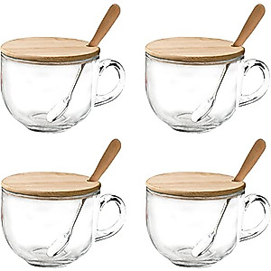 Lawei Set of 4 Glass Coffee Mug with Handle - 15 Oz Glass Jumbo Coffee Cups Clear Coffee Mug for Cappuccino, Coffee, Latte, Cereal, Milk, Ice Cream