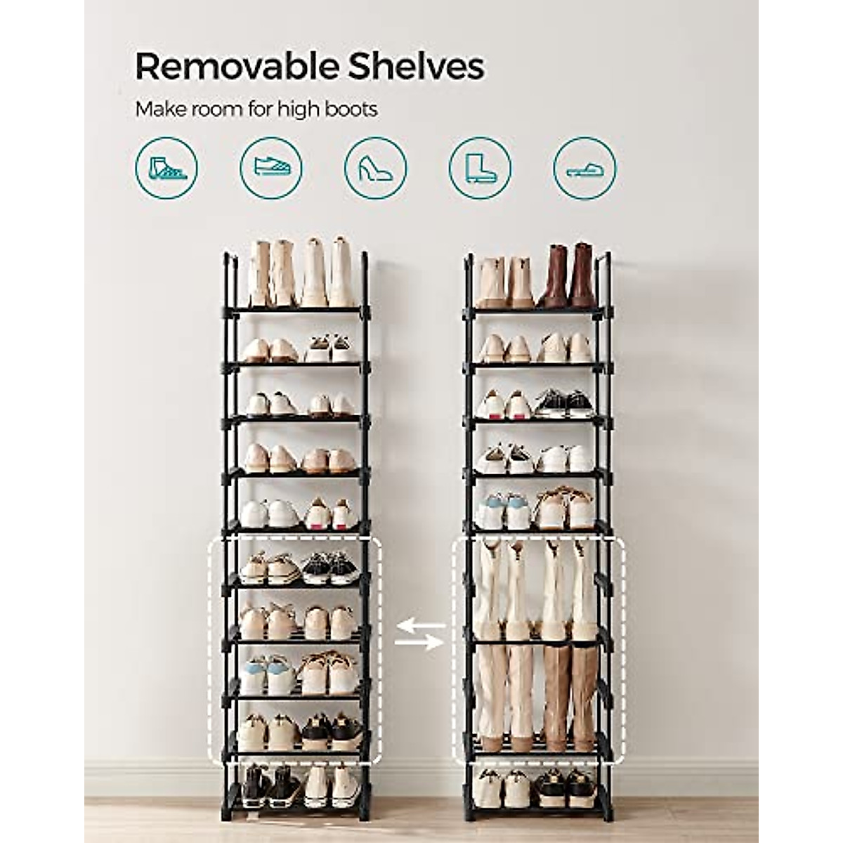SONGMICS Shoe Rack, 10 Tier Shoe Organizer, Metal Shoe Storage Shelf for 20 Pairs of Shoes, Easy to Assemble, Entryway, Black ULSA25BK