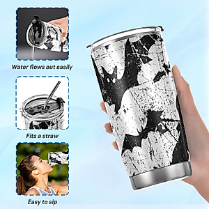 Yasala Halloween Tumbler Retro Black Bats Insulated Coffee Cup Beverage Container Office Travel Mug with Straw and Lid 20oz Holiday Back to School Day of The Dead Gift