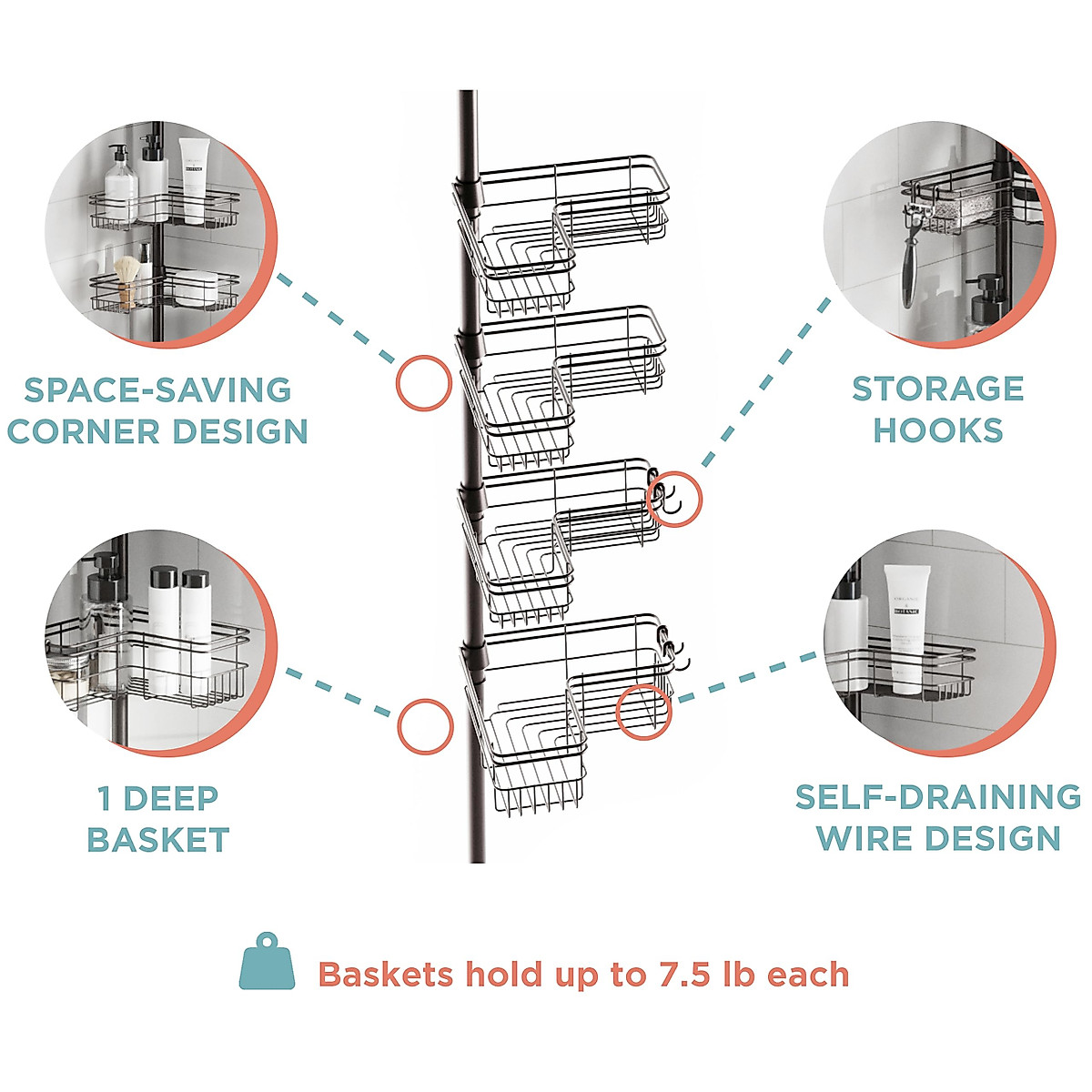 Zenna Home Tension Pole Shower Caddy with 4 L-Shaped Shelves with Hooks, Bronze, 60-97 Inch – Rust-Resistant Corner Shower Organizer Shelf – Adjustable Shower Rack for Bath Essentials