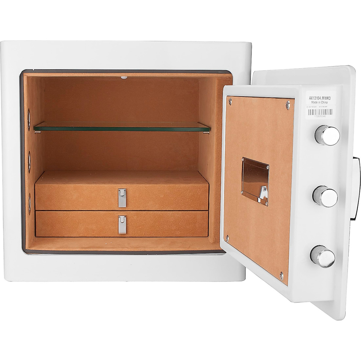 BARSKA Digital Keypad Fireproof Security Jewelry Safe with Suede Lined Drawer, Glass Shelf, Motion Sensor LED - White - 1.01 Cu Ft
