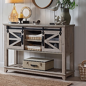OKD Entryway Table w/Sliding Barn Doors, 46'' Farmhouse & Industrial Console Table with Storage, Rustic Sofa Table w/Adjustable Shelf & Open Shelf for Entry Way, Hallway, Living Room, Light Rustic Oak