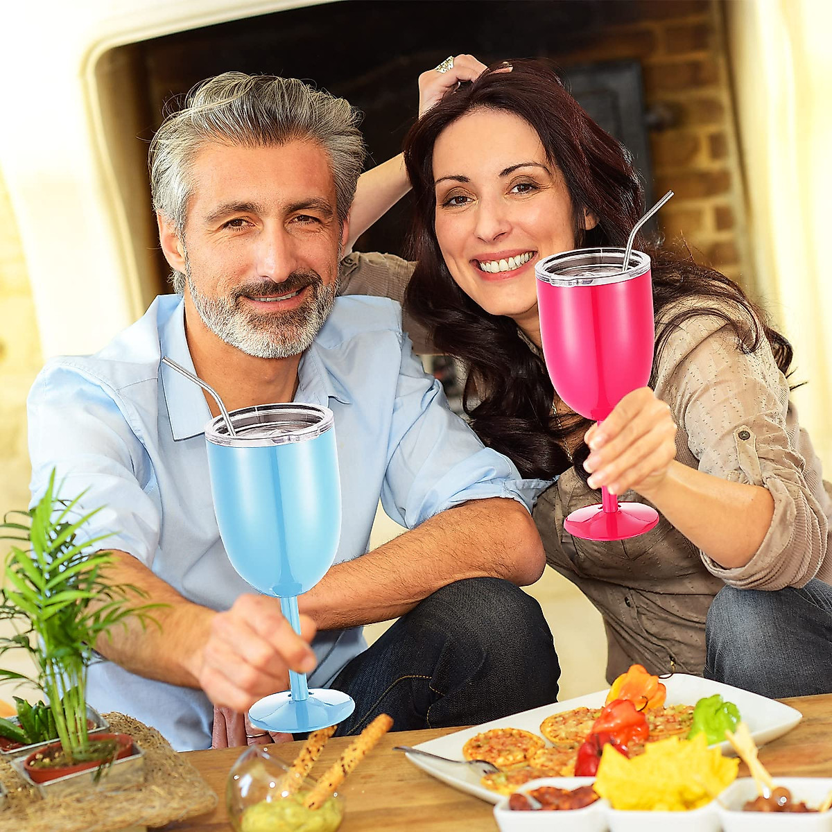 Gerrii 6 Pcs Stainless Steel Wine Glasses Cups Stemmed Double Walled Vacuum Insulated Wine Tumbler with Lid and Straw for Camping Picnics Travel, Birthday Gifts for Friendship Friends Dad Mom