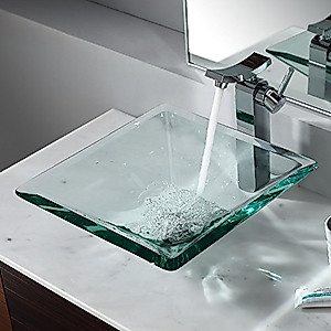 Kraus GVS-901-19mm-SN Aquamarine Square Clear Glass Vessel Bathroom Sink with PU-MR Satin Nickel