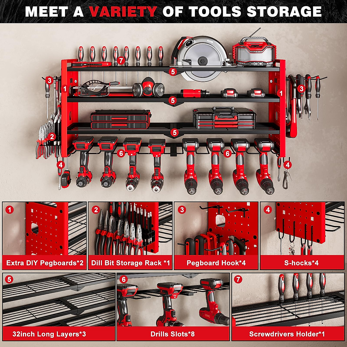 NattyDot Power Tool Organizer Wall Mount,Cordless Drill Organizer,4 Layers Large Capacity Tool Rack with 8 Drill Holders (RED)