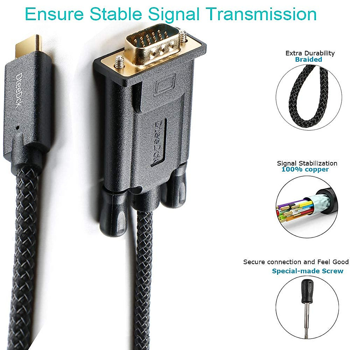 DteeDck USB C to VGA Cable 6 ft, USB Type C (Thunderbolt 3) to VGA Cable Sturdy Braided for USB 3.1 Devices-Compatible with MacBook Pro, iPad Pro Galaxy S10/S9/S8, Surface Book 2, Dell XPS, HP Etc