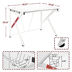 LYNSLIM Gaming Desk 39 Inch – Computer Deak for Home, K Shaped PC Gaming Table, Ergonomic Gamer Desk with Headphone Hook, Cup Holder and Cable Management (White)