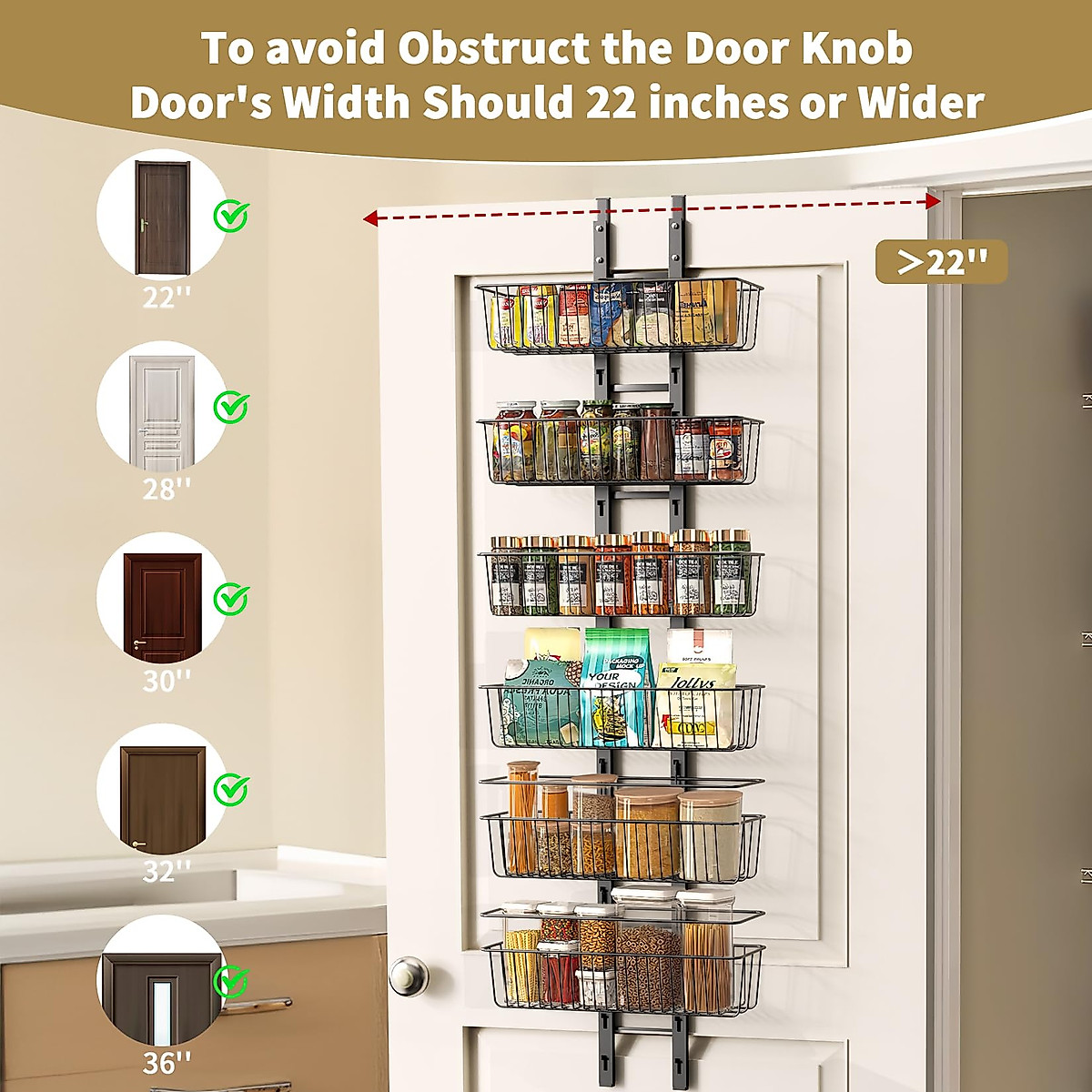 (90% Pre-installed) Over the Door Organizer for Pantry, Bathroom, Laundry Room (Multiple Uses) No Drilling Required, Sturdy and Stable (8 Adhesive Pad) 6 Tier, 12 Inches Wide, 49 Inches High