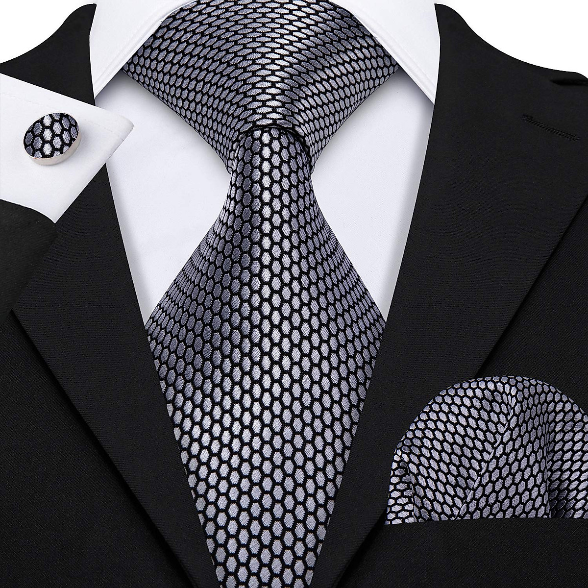 Barry.Wang Men Tie Set Plaid Silver Grey Black Silk Necktie Handkerchief Cufflinks Formal Business Wedding Party