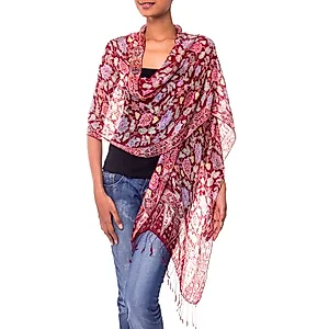 NOVICA Artisan Handmade | 100% Silk Batik Shawl Artisan Wrap Red Shawl | Lightweight Silk Shawl | Handmade Silk Batik Shawl | Travel Silk Shawl | Silk Scarf For Women | Patterned Floral Wine Garden
