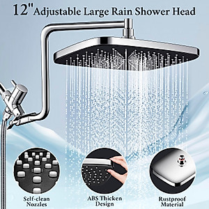 Shower Head with Handheld Combo, 12'' Rectangle Rain Shower Head with Upgraded 12'' Z-Shaped Shower Extension Arm, High Pressure 4 Setting Handheld Shower Head with 60'' Hose, Height/Angle Adjustable