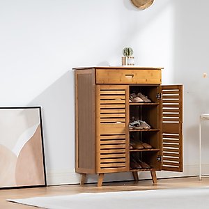 SOBIBO Shoe Storage Cabinet, Bamboo Shoe Organizer with Drawer and Doors, Shoe Cabinet with 2 Doors for Entryway, 4 Tier Shoe Storage Cabinet for Closet, Living Room, Bedroom
