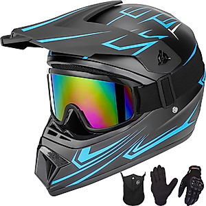 Yesmotor Youth Kids Motocross Helmet Full Face Motorcycle Dirt Bike Off-Road Mountain Bike BMX MX ATV Helmet with(Gloves Goggles Mask) 4Pcs Set - DOT Approved(Blue,XL)