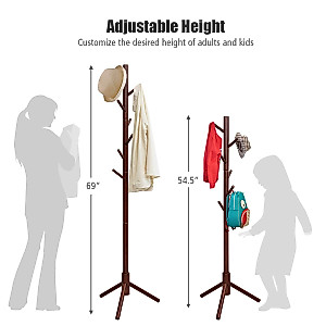 Tangkula Coat Rack Freestanding, Rubber Wood Coat Stand with 8 Hooks, Height Adjustable Entryway Coat Tree Coat Hanger Stand for Home Office Hall Entryway